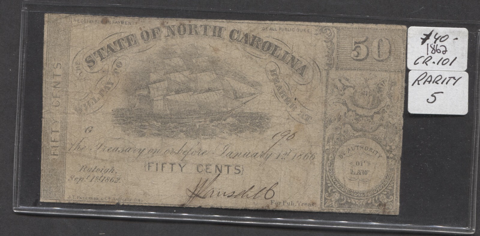 Obsolete 50 Cent Note North Carolina 1862 - CR. 101 | eBay