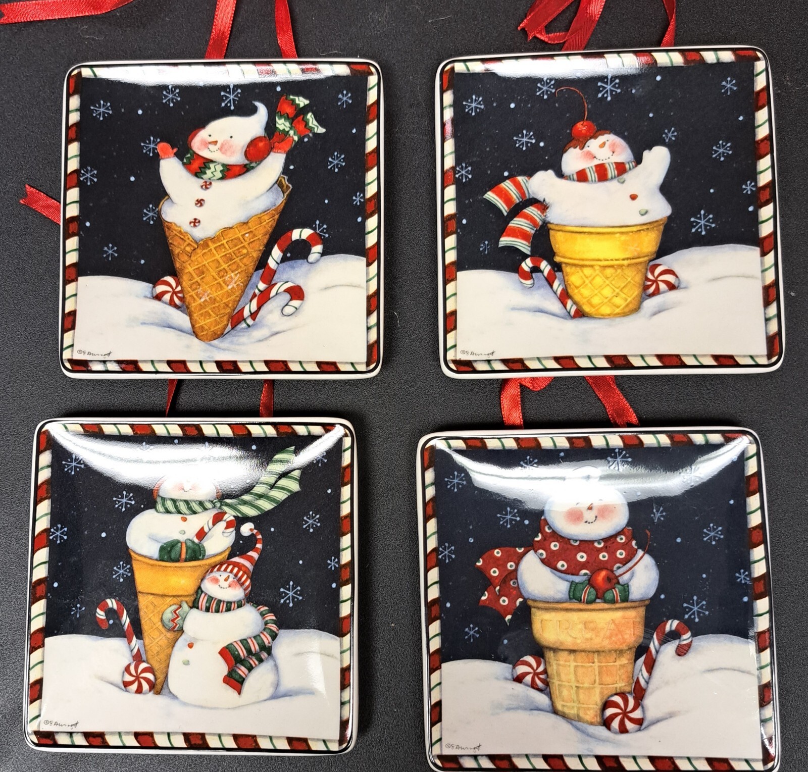 Set Of 4 Susan Winget Snowcream Snowmen Whimsical Christmas Mini Plates ...