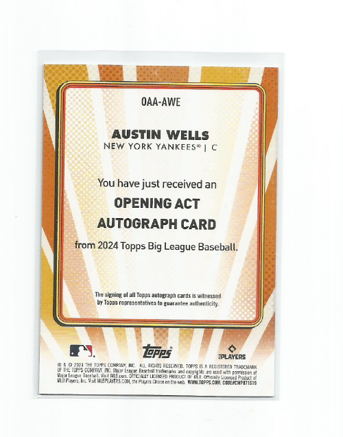 AUSTIN WELLS (Yankees) 2024 TOPPS BIG LEAGUES ROOKIE OPENING ACT AUTO # ...