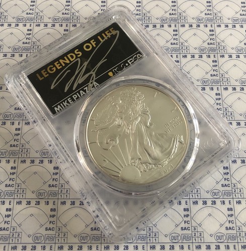 MIKE PIAZZA 2021 $1 Silver Eagle T1 PCGS/PSA AUTO MS70 Last Day NY METS ...