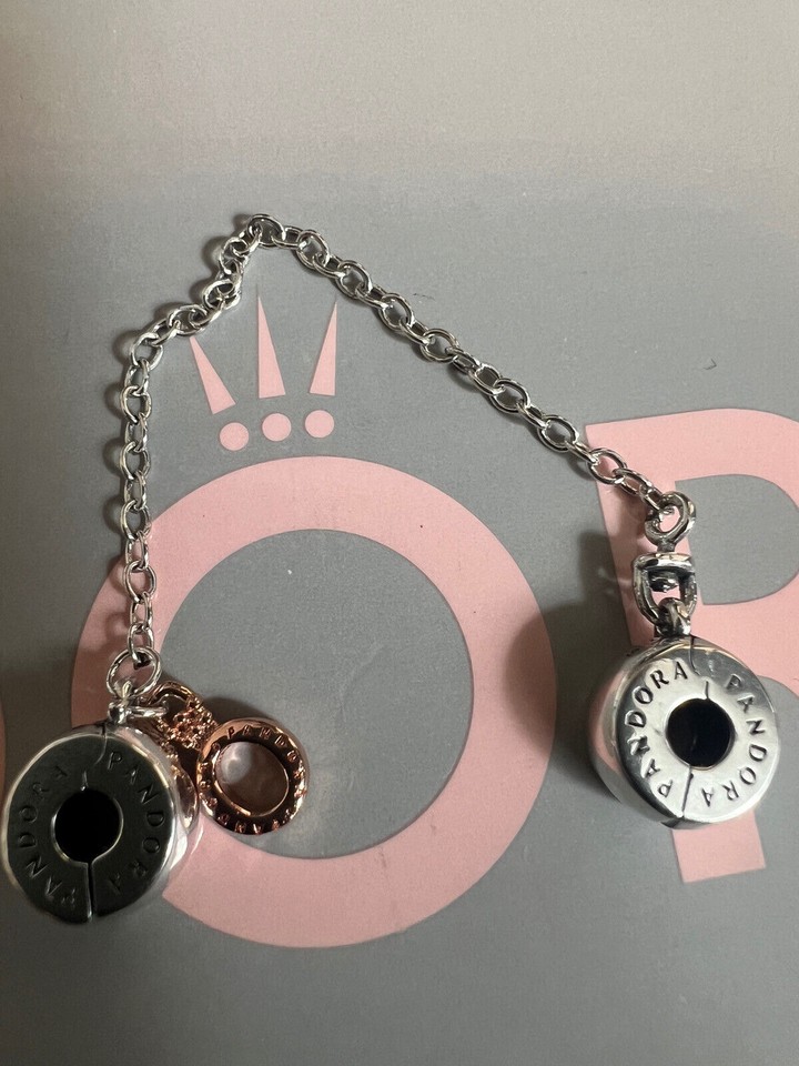 PANDORA Moments silver & rose gold Dangling Crown O safety chain charm ...