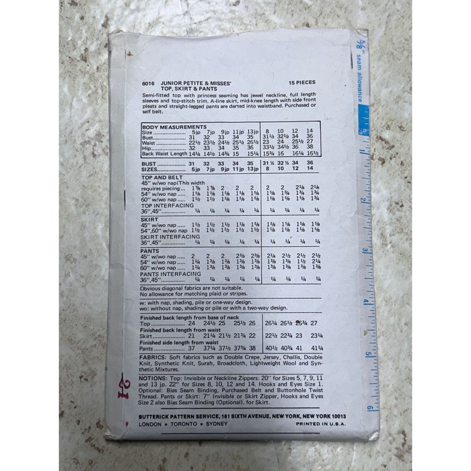 Butterick vintage Sewing Pattern 6016 - Misses' Top/Skirt/Pants - Sz 8 ...