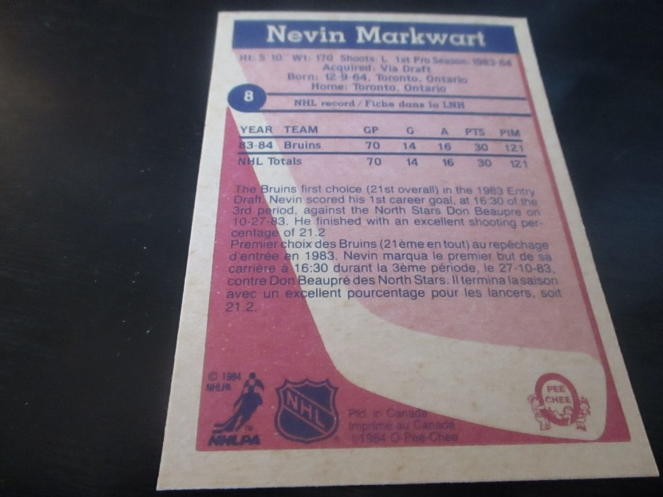 nevin markwart (boston bruins -lw) 1984/85 o-pee-chee ROOKIE card #8 ...