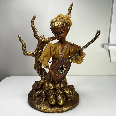 Vtg Mid Century Pixie Elf Playing Instrument With Tree & Deer 14” Wood ...
