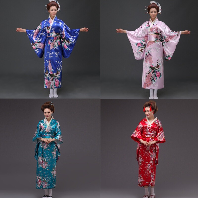 Women Floral Japanese Kimono Satin Robe Yukata Geisha Costume Show ...