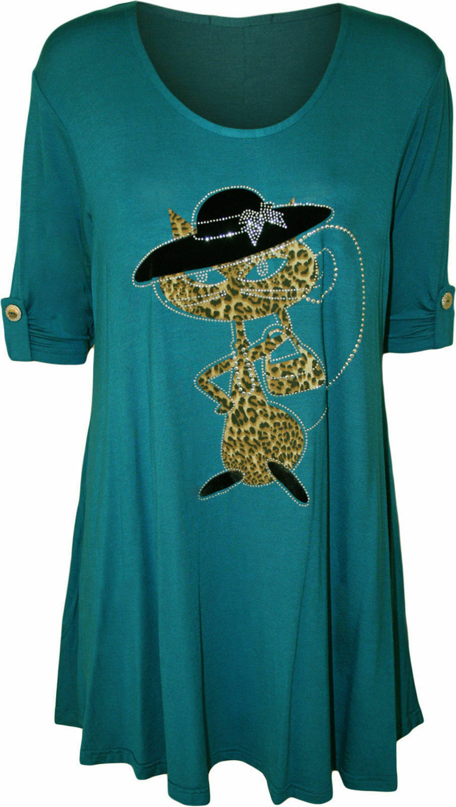 Women 3/4 Sleeve Lady Leopard Cat With Hat & Bag Sequin Tunics Plus Top ...