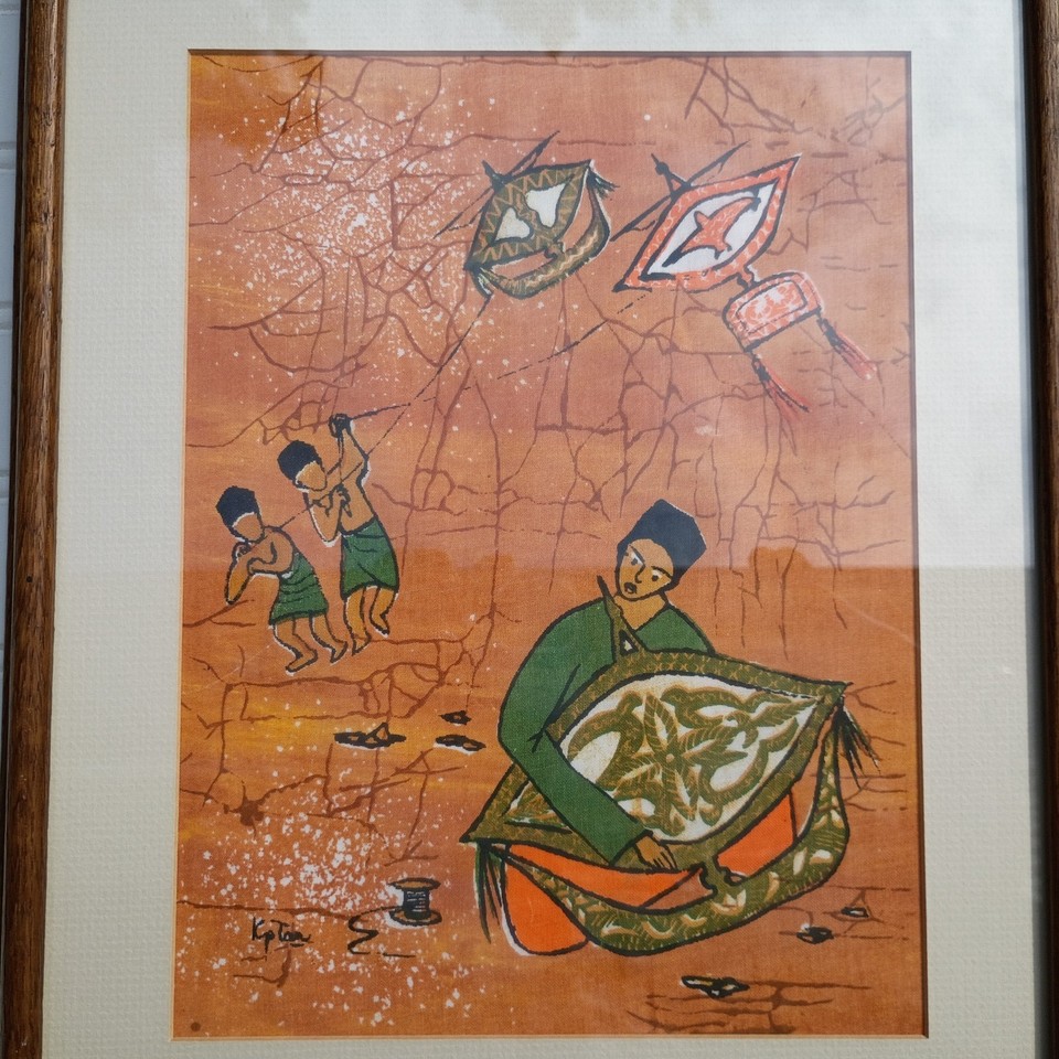 Vintage MCM Southeast Asian Batik Silk Paintings Signed Framed Pair Ox ...