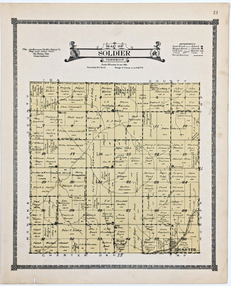1920 SOLDIER - RICKETTS IOWA Plat Map CRAWFORD COUNTY ORIGINAL (15x12 ...