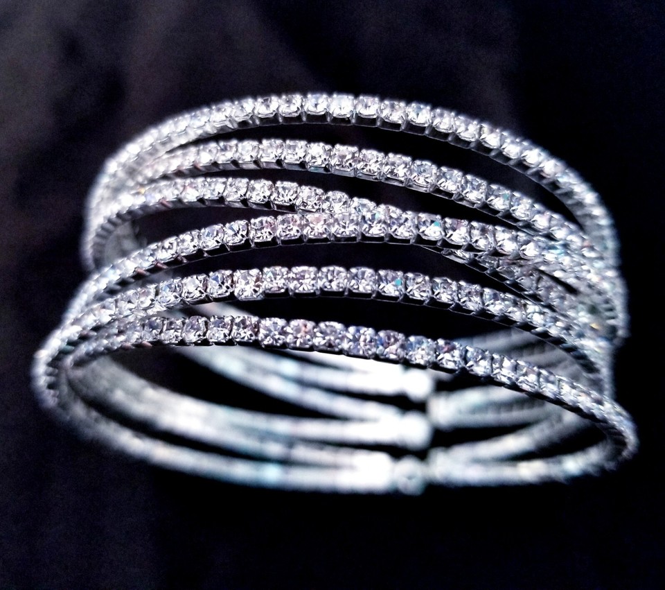 Silver Rhinestone Cuff Bangle Bracelet Crystal Jewelry Prom Pageant ...