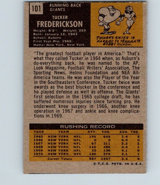 1971 TOPPS FOOTBALL #101 TUCKER FREDERICKSON MID GRADE IF | eBay