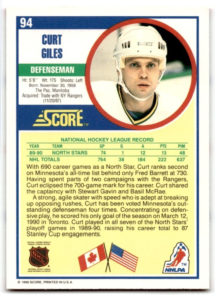 1990-91 Score Curt Giles Minnesota North Stars #94 | eBay