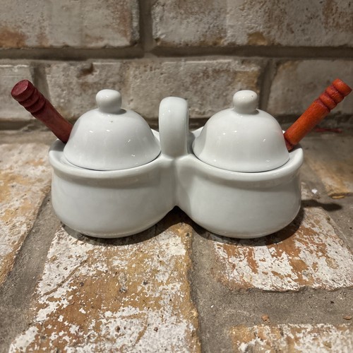 Vintage White Condiment Server Lids Wooden Handle Spoons Ceramic Double ...