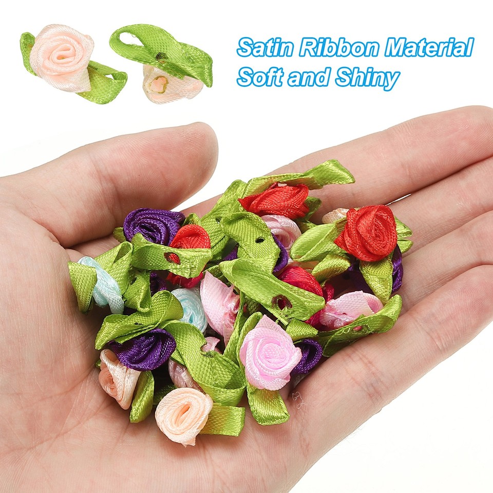 Mini Ribbon Roses, 100 Pcs Satin Fabric Flowers with Green Leaves ...