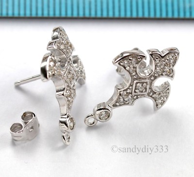 2x RHODIUM plated STERLING SILVER CZ CRYSTAL STUD LOOP POST EARRINGS ...