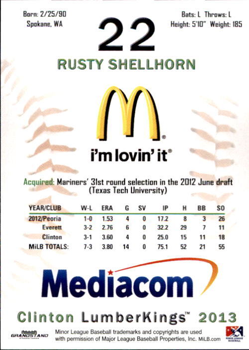 2013 Clinton LumberKings Grandstand #27 Rusty Shellhorn Spokane ...