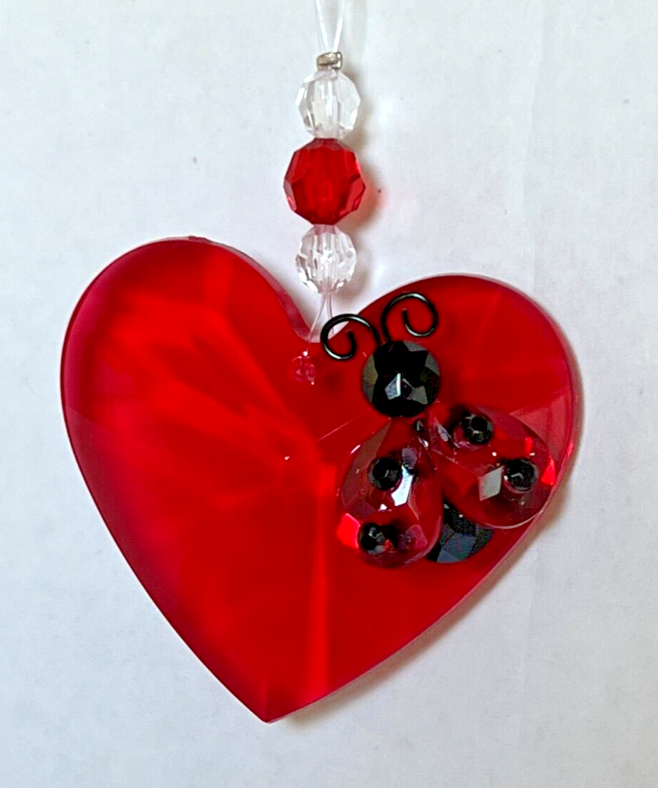 Ganz Crystal Expression Hanging Acrylic Red Heart w/Red LADYBUG & Beads ...