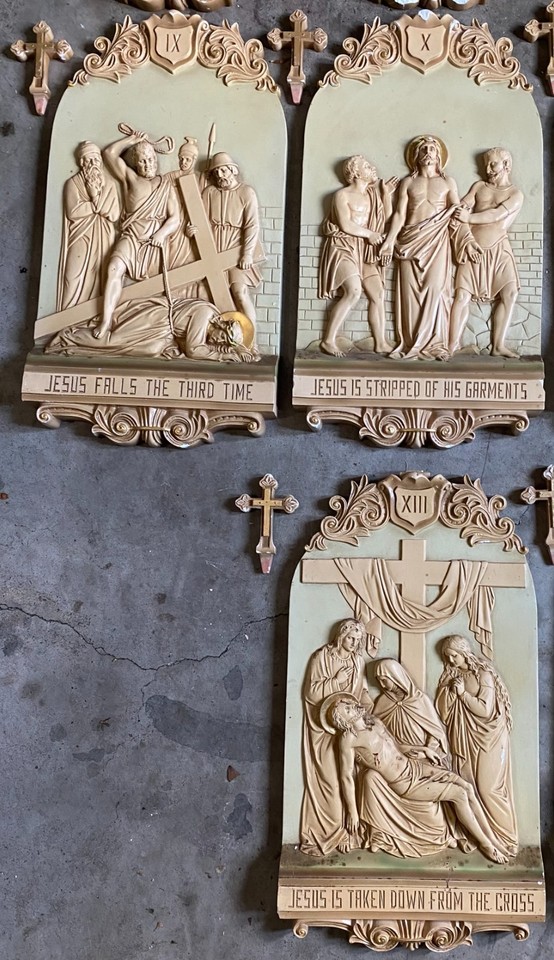 OLD CATHOLIC CHURCH ALTAR 14 PC PLASTER STATIONS OF THE CROSS SET ...