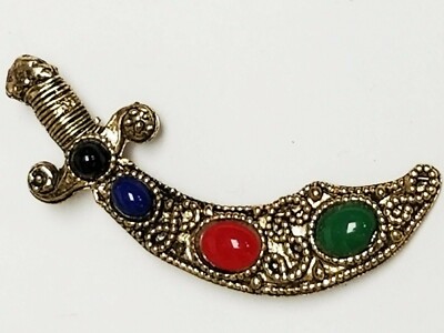 Vintage Gold Tone Sword Scimitar Multi Color Glass Cabochon Brooch 2 3/ ...