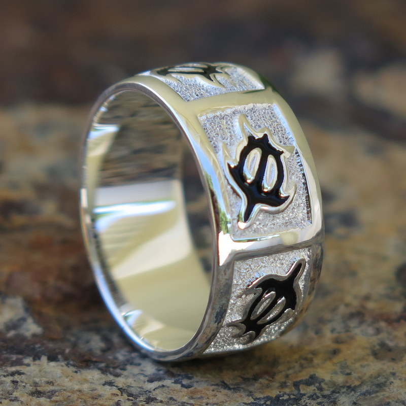 Hawaiian 925K Sterling Silver Black Honu Sea Turtle Wedding Ring Band ...