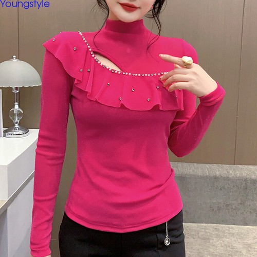 Women Mock Neck Rhinestone Ruffle Cut Out Korean Pullover Slim Party ...