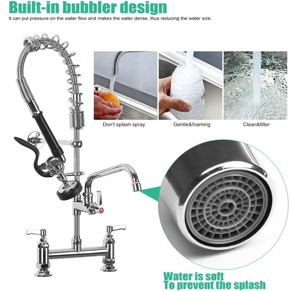 Commercial Kitchen Sink Faucet with Pre-Rinse Sprayer 2Hole 8" Center ...