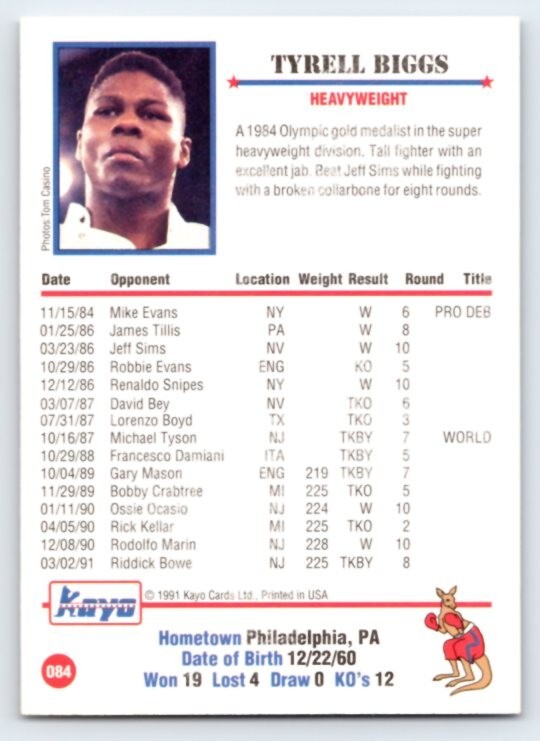 TYRELL BIGGS HEAVYWEIGHT BOXER Kayo Boxing Trading Card 1991 M171 | eBay