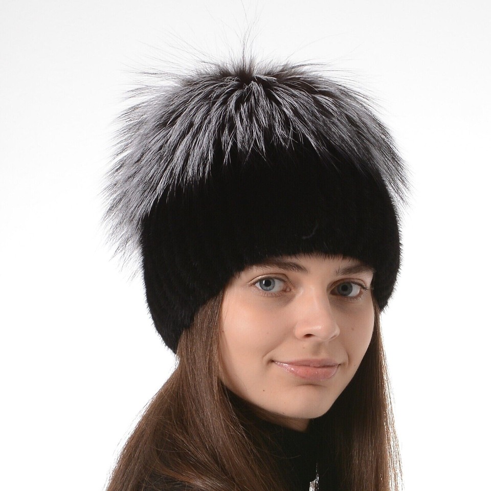 Womens Real Mink Fur Hat with Silver Fox Knit Winter Fur Hat Luxury ...