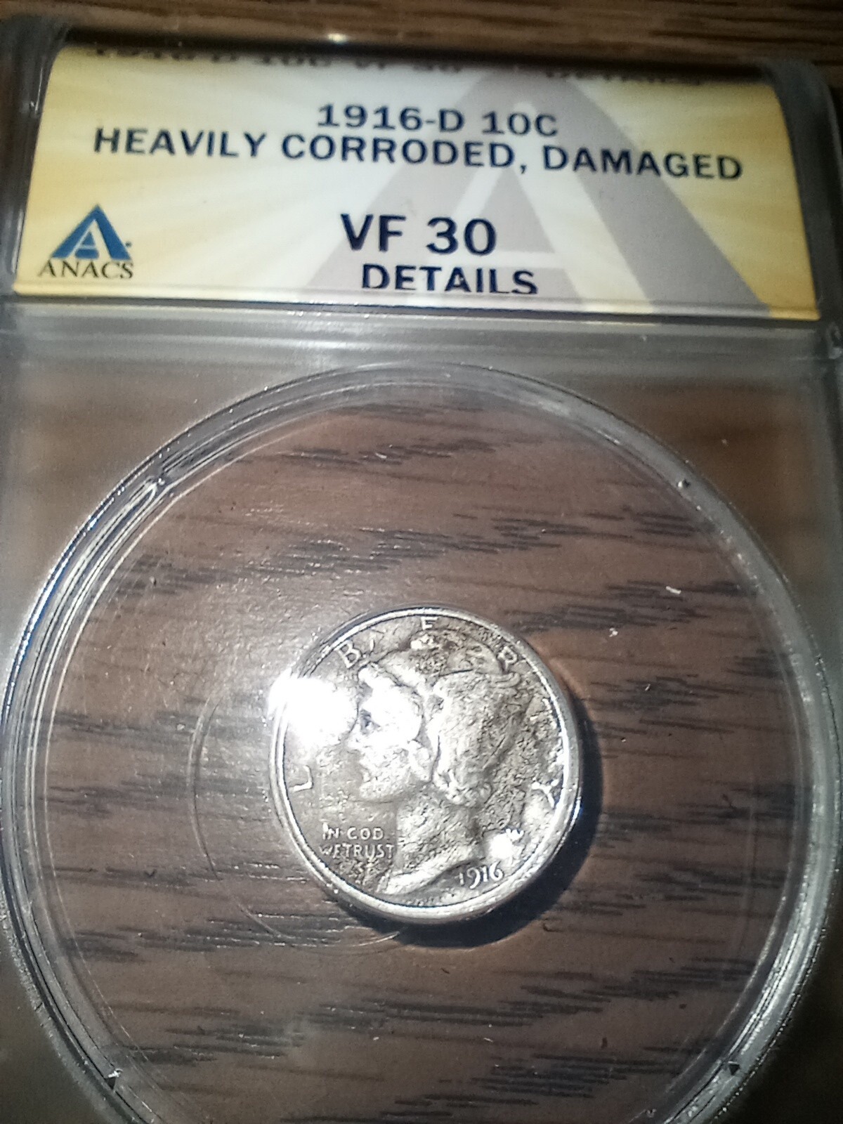 1916-D Mercury Dime 10C Coin - Certified ANACS VF30 - Corrosion,Damaged ...