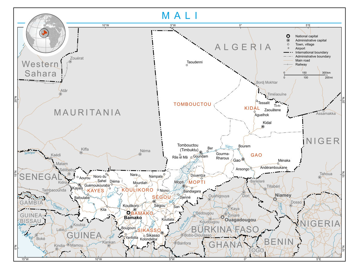 Mali Political Administrative Province Road Highway Rail City Country ...