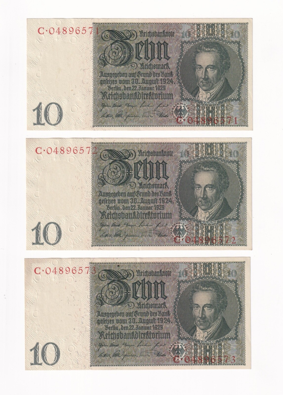 German 10 Reichsmark 1929 Series Banknotes: Three Sequential Serial ...