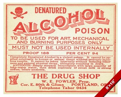 VINTAGE DENATURED ALCOHOL POISON WARNING SIGN POSTER ART REAL CANVAS ...