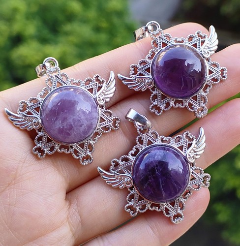 3pcs Amethyst Gems stone Pendants Wings Fly Magic Reiki Healing Amulet ...