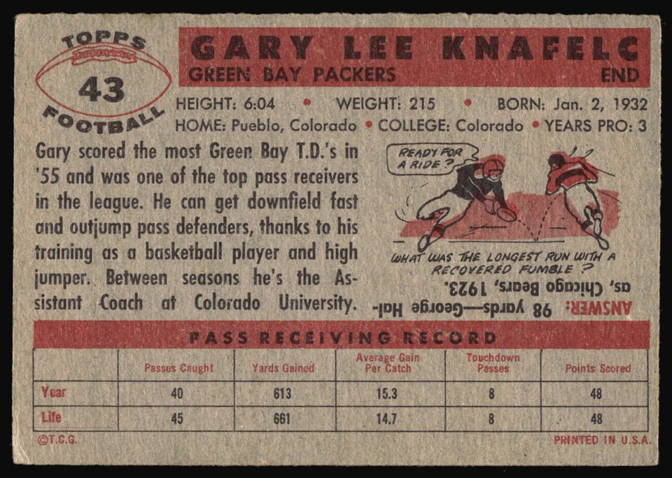 1956 Topps Gary Knafelc #43 Green Bay Packers | eBay