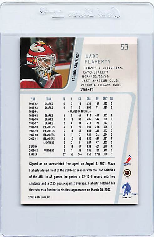 2002/03 Between the Pipes #53 Wade Flaherty Panthers Signed Auto *H1119 ...