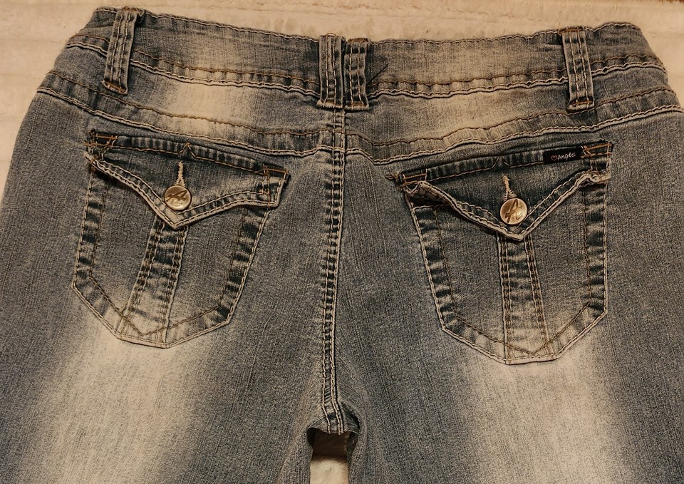 Angels Blue Jean Cuffed Capris Front & Back Button Flap Pockets- 31" X ...