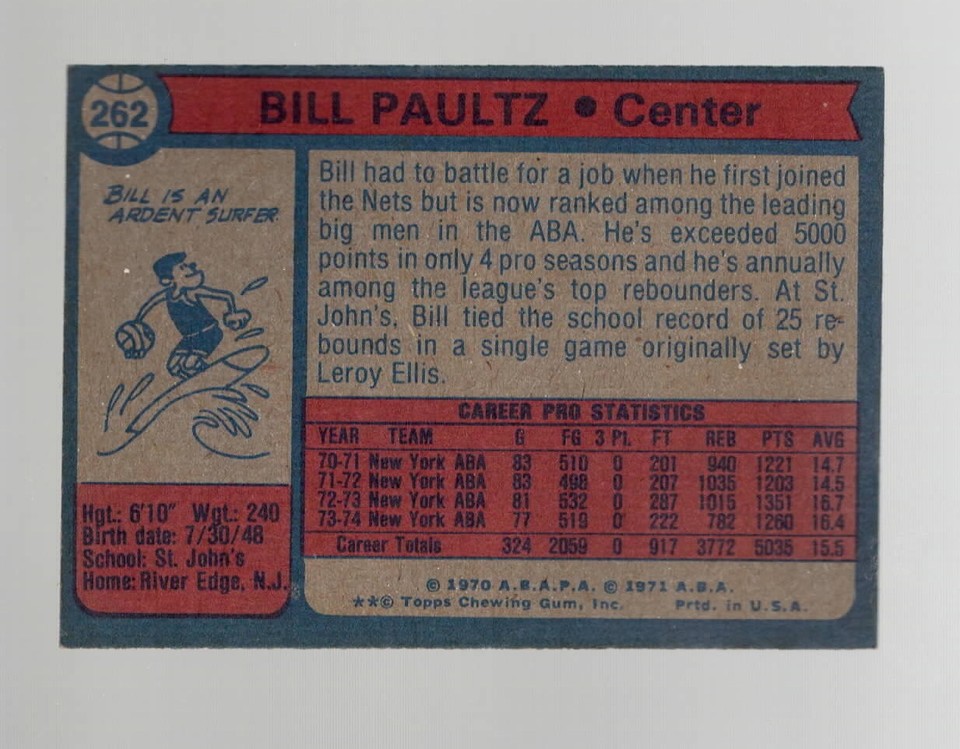 1974 Topps #262 Billy Paultz Excellent | eBay
