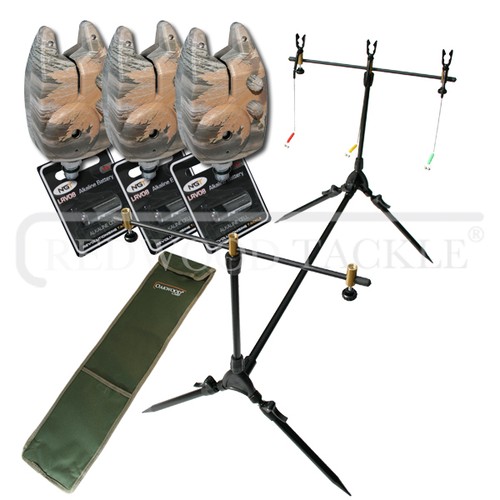 Carp Multi Rod Pod & Camo Bite Alarms x 3 & Batteries/Bag Fishing ...
