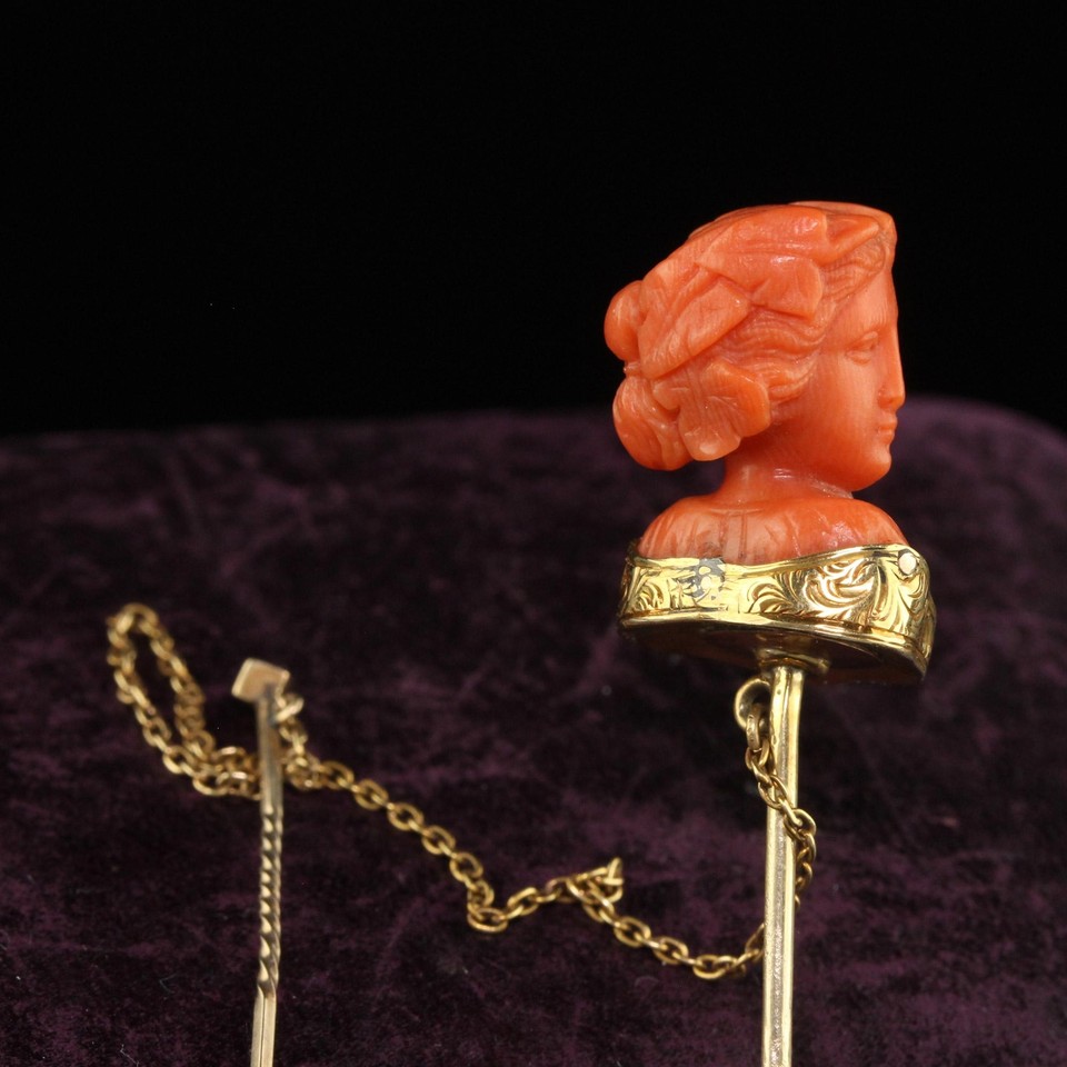 Antique Victorian 14K Yellow Gold Carved Coral Lady Stick Pin | eBay