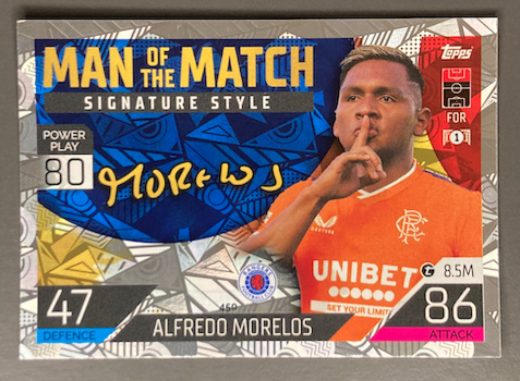ALFREDO MORELOS 2022-23 TOPPS MATCH ATTAX MAN OF THE MATCH SIGNATURES ...