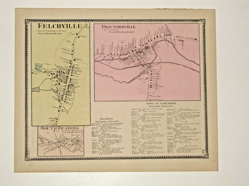 FELCHVILLE, PROCTORSVILLE & SOUTH READING, VT., HAND COLORED 1869 MAP ...