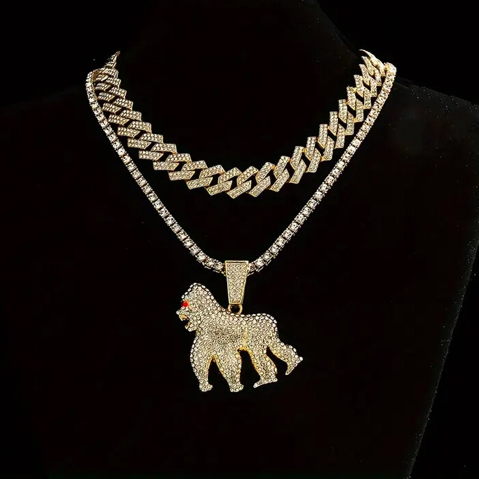 Hip Hop Gorilla pendant 18" Full Iced Cuban & 20" Tennis Cubic Zirconia ...