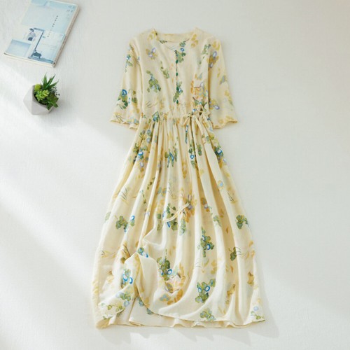 women Chinese Ethnic Dress Half Sleeve Floral Printed Drawstring Waist ...