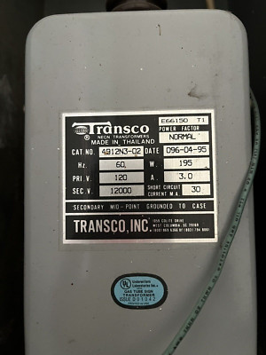 E66150 4B12n3-02 T1 TRANSCO NEON SIGN TRANSFORMER 120V-12KV 60HZ 3A ...