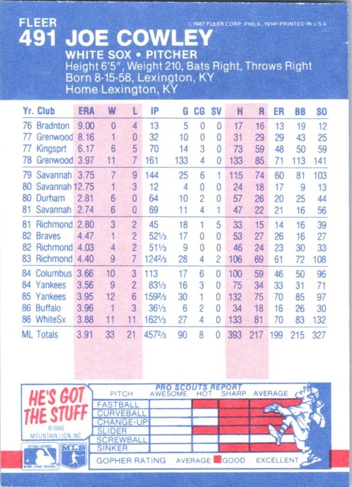 1987 FLEER JOE COWLEY CHICAGO WHITE SOX #491 | eBay