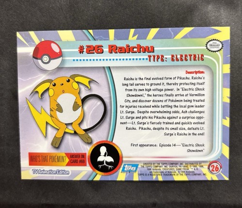 1999 Topps Pokemon TV Animation Edition Series 1 Raichu #26 | eBay