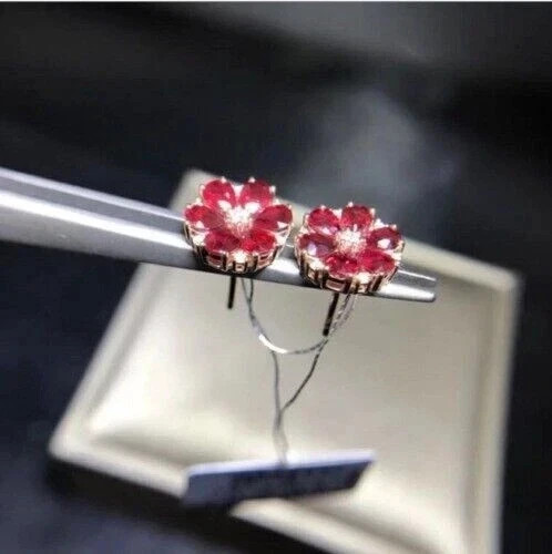 Pear Cut Lab Created Red Ruby & Diamond Flower Mini Stud Earrings 925 ...