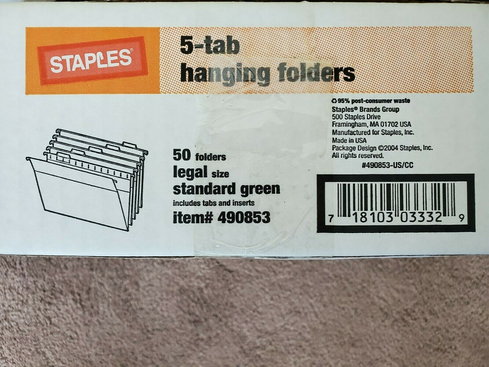 STAPLES 5-Tab Hanging Folders 490853 Legal Size Standard Green 50 ...