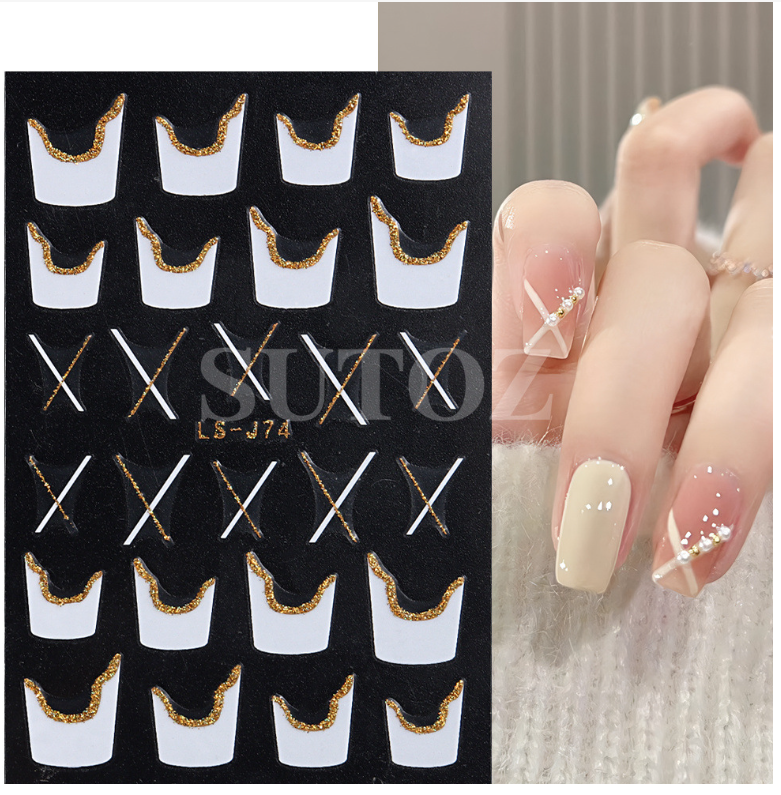 3D Glitter Gold Line Nail Art Stickers Decals French Tip Wavy Fringe ...