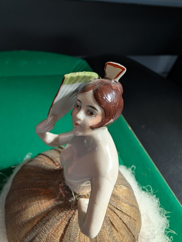 Antique German Art Deco Flapper lady half doll w/ Fan, makeup powder ...