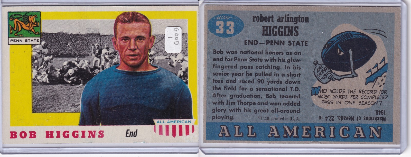 1955 Topps All American Football Card # 33 Bob Higgins Penn State GOOD ...